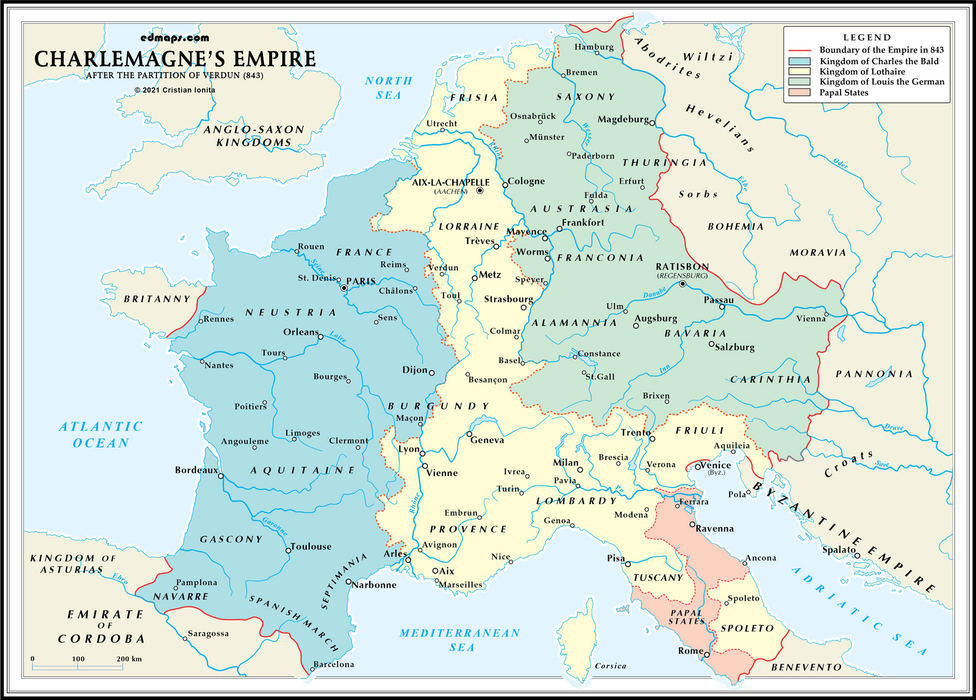 Map: Charlemagne's Empire in 843 - World History Maps